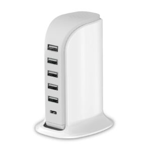 charging station for multiple devices 40w upoy, wall charger block 5 usb ports(shared 6a), usb charging hub smart ic, charger tower with type-c 3a for iphone ipad tablets smartphones, home office use