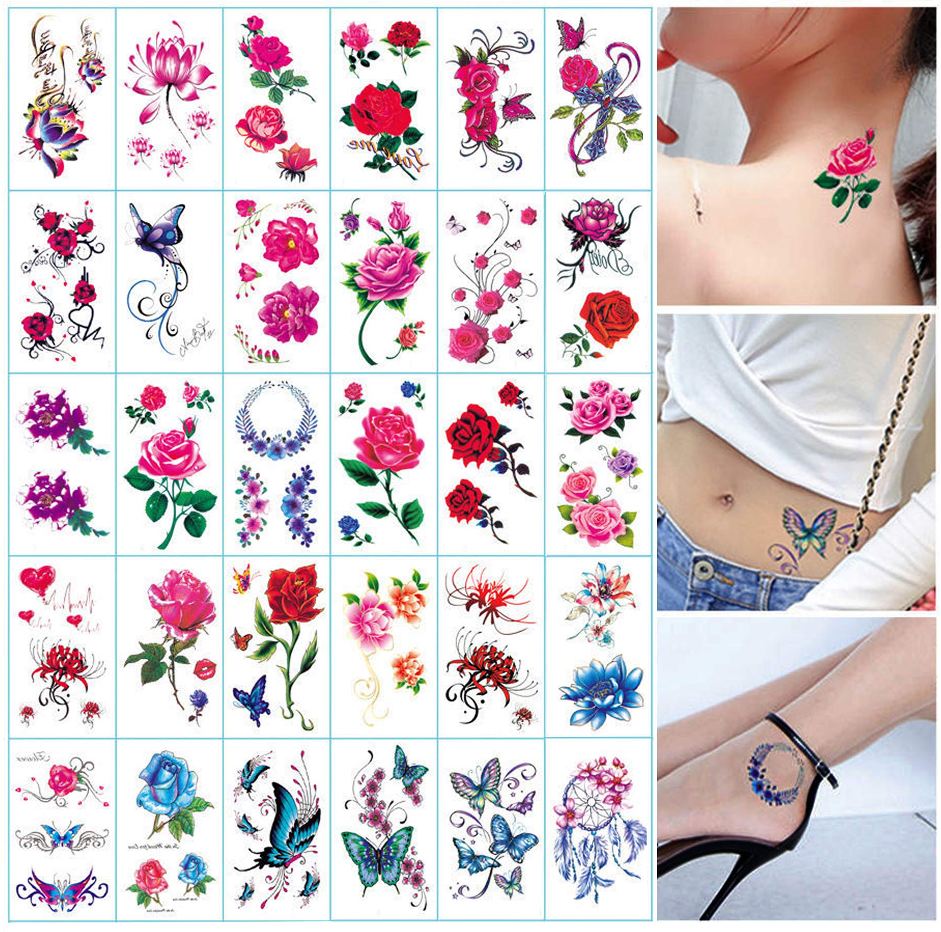 60 Sheets Waterproof Flower 3D Butterfly Fake Temporary Tattoo Sticker for Girl Lady Women