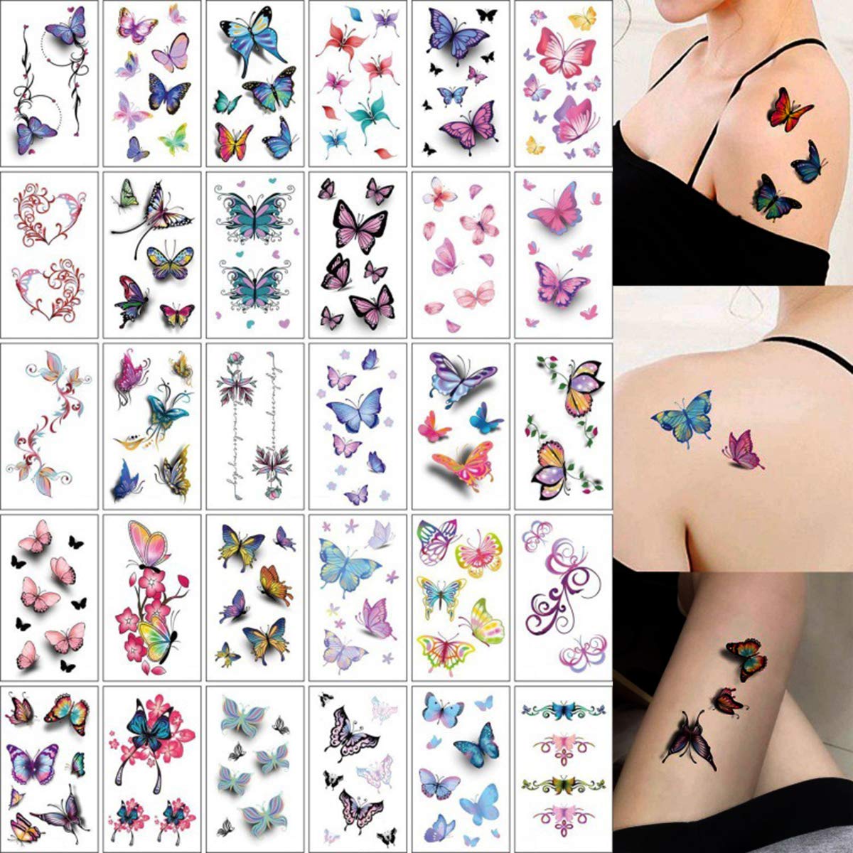 60 Sheets Waterproof Flower 3D Butterfly Fake Temporary Tattoo Sticker for Girl Lady Women