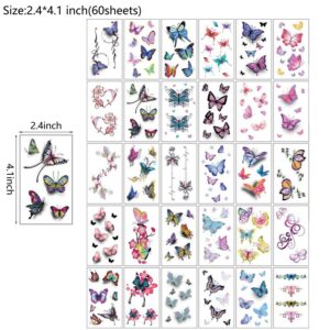 60 Sheets Waterproof Flower 3D Butterfly Fake Temporary Tattoo Sticker for Girl Lady Women