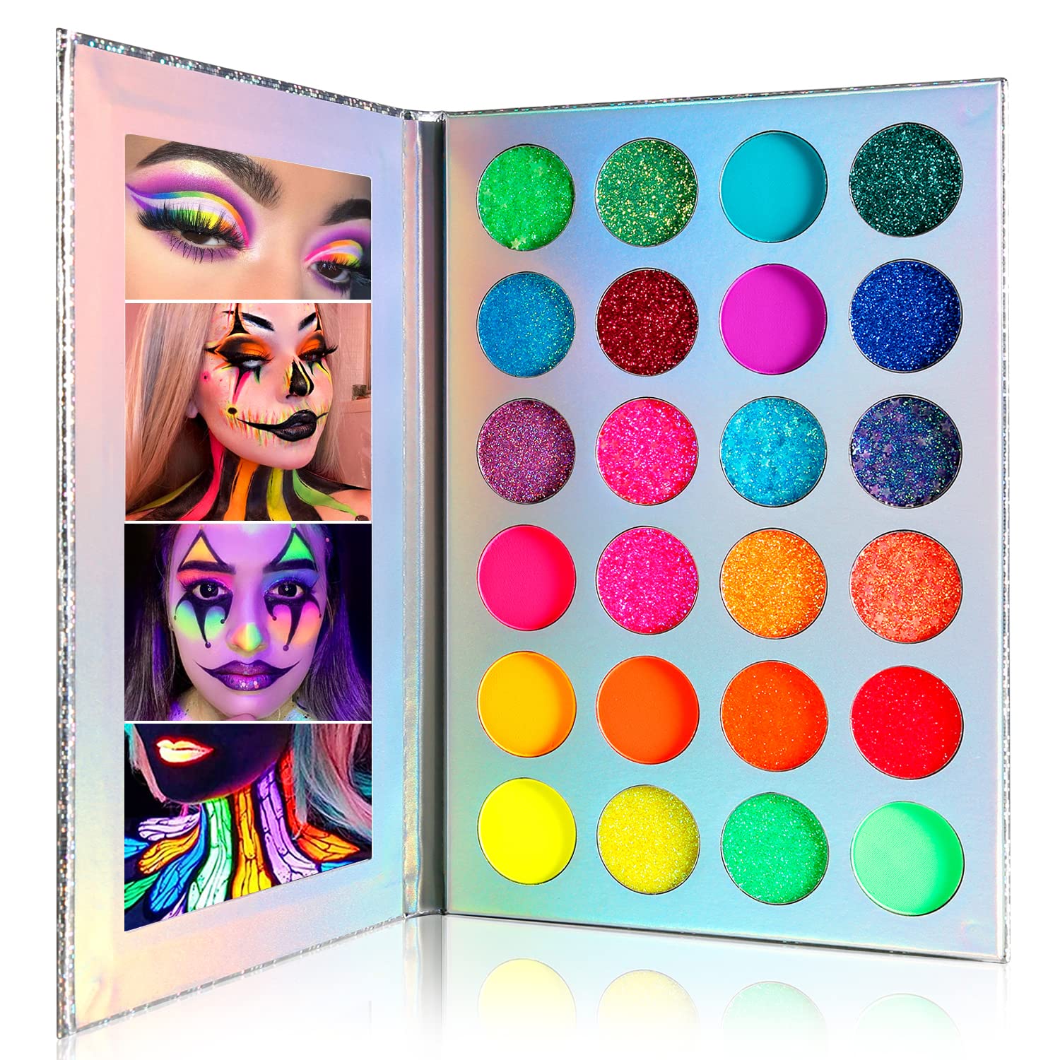 BEUSELF Neon Eyeshadow Palette, 24 Colors Highly Pigmented Fluorescent Makeup Pallet Glow in the Dark, UV Glow Blacklight Matte Glitter Rainbow Eye Shadows for Luminous Carnival Party Halloween Makeup