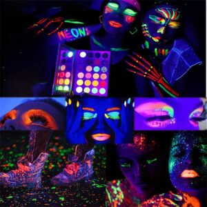 BEUSELF Neon Eyeshadow Palette, 24 Colors Highly Pigmented Fluorescent Makeup Pallet Glow in the Dark, UV Glow Blacklight Matte Glitter Rainbow Eye Shadows for Luminous Carnival Party Halloween Makeup