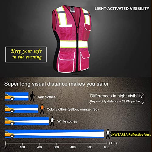 JKWEAR Women Safety Vest, Multi Pockets High Visibility Reflective Breathable Mesh Work Vest For Lady, Durable Zipper (Small, Pink Purple)