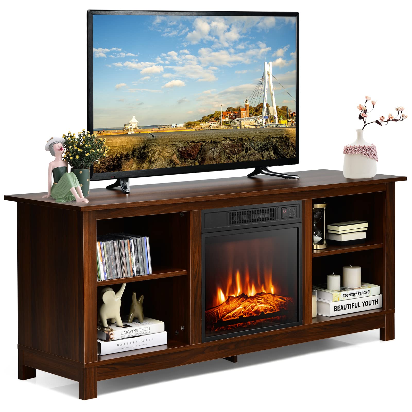 Tangkula Fireplace TV Stand for TVs up to 65 Inches, with 18 Inches 1400W 5,000 BTU Electric Fireplace Insert, Adjustable Flame Brightness & Heat, Timer and Remote Control (Walnut)