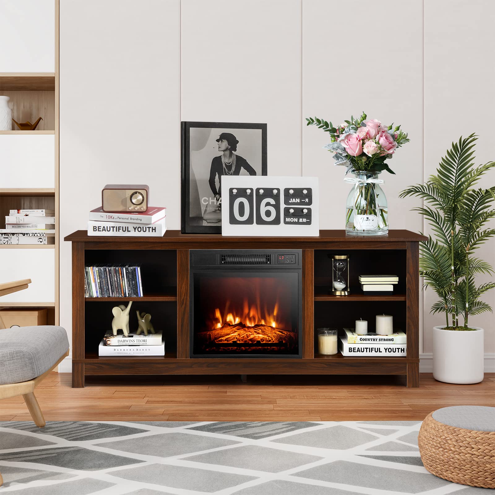 Tangkula Fireplace TV Stand for TVs up to 65 Inches, with 18 Inches 1400W 5,000 BTU Electric Fireplace Insert, Adjustable Flame Brightness & Heat, Timer and Remote Control (Walnut)