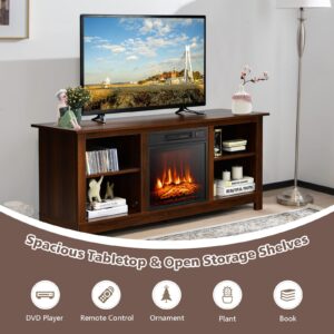 Tangkula Fireplace TV Stand for TVs up to 65 Inches, with 18 Inches 1400W 5,000 BTU Electric Fireplace Insert, Adjustable Flame Brightness & Heat, Timer and Remote Control (Walnut)