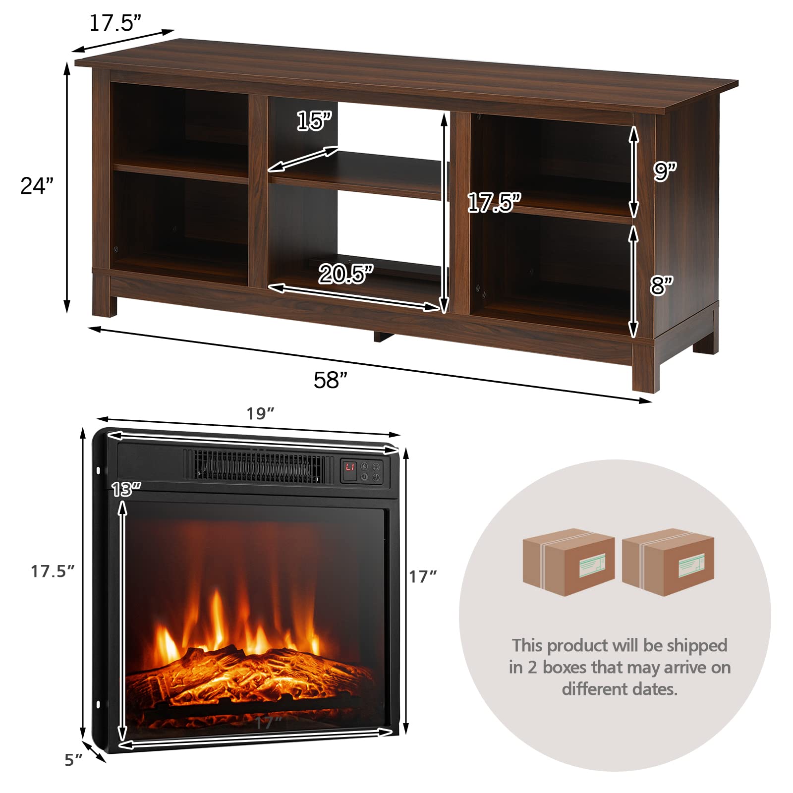 Tangkula Fireplace TV Stand for TVs up to 65 Inches, with 18 Inches 1400W 5,000 BTU Electric Fireplace Insert, Adjustable Flame Brightness & Heat, Timer and Remote Control (Walnut)