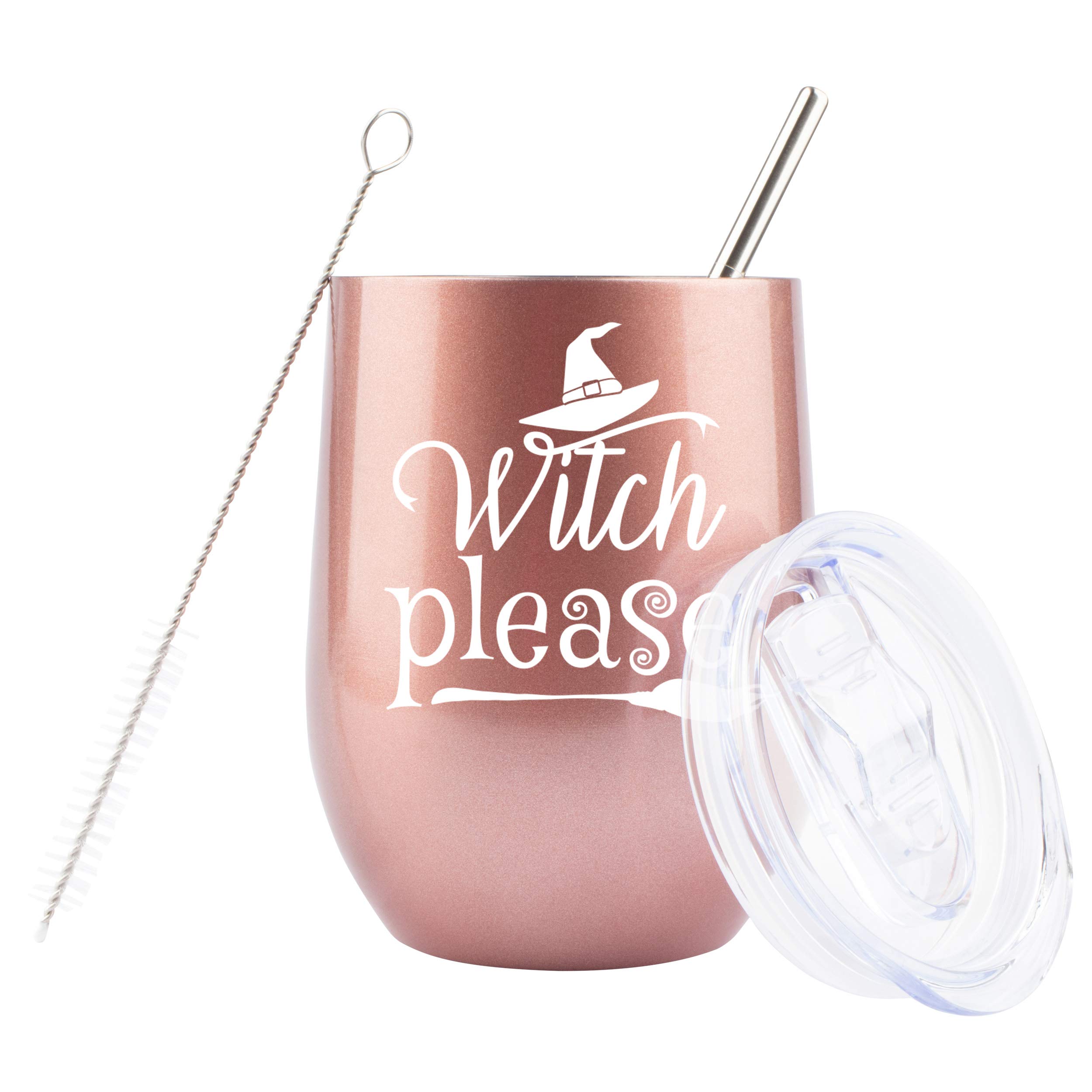 JENVIO Witchy Gifts - Rose Gold Stainless Steel Wine Tumbler/Mug with Lid and Straw - Witch Room Decor for Witchcraft Women Wicca Gothic Brew Village Glass Cup Please Broomstick Valentine's Day