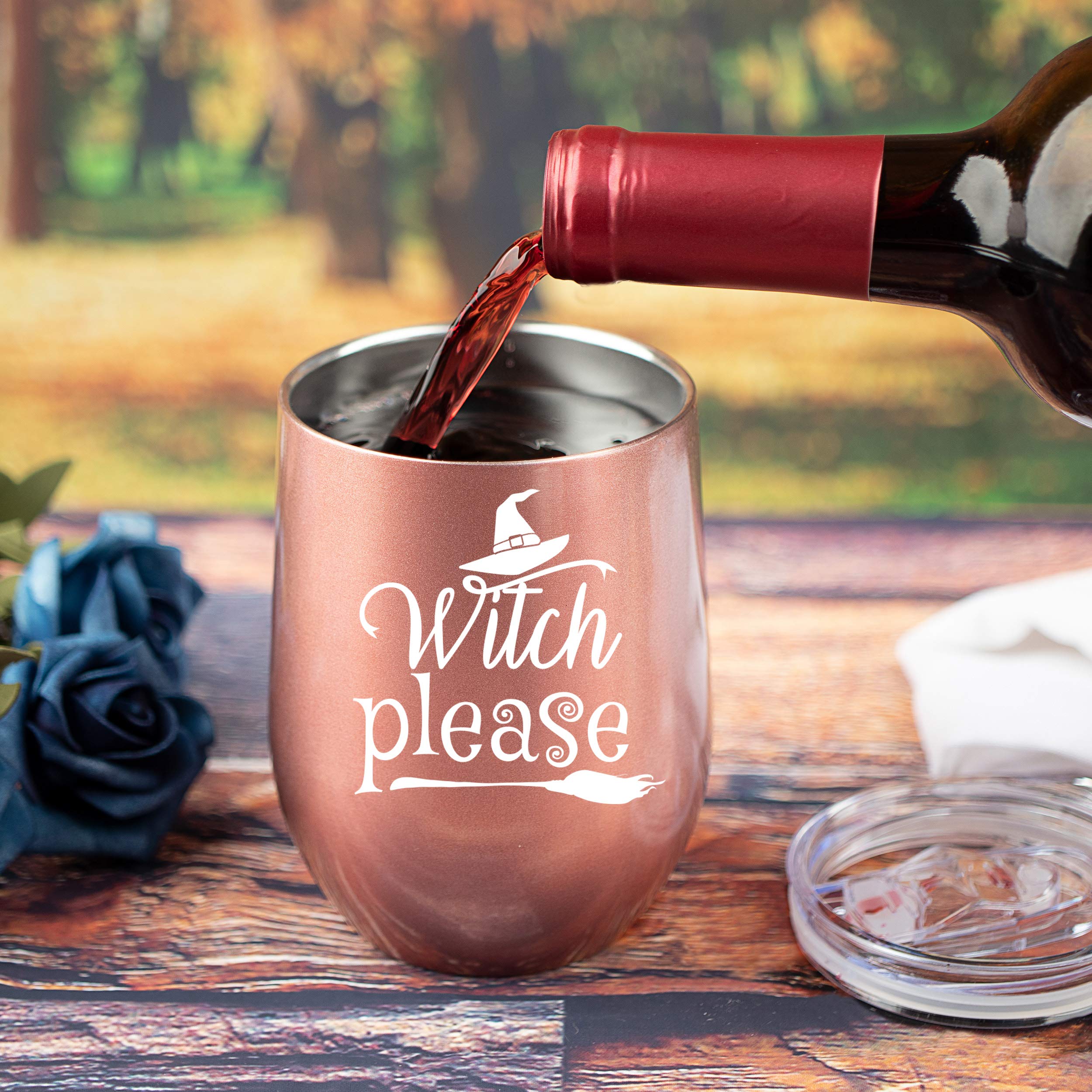 JENVIO Witchy Gifts - Rose Gold Stainless Steel Wine Tumbler/Mug with Lid and Straw - Witch Room Decor for Witchcraft Women Wicca Gothic Brew Village Glass Cup Please Broomstick Valentine's Day