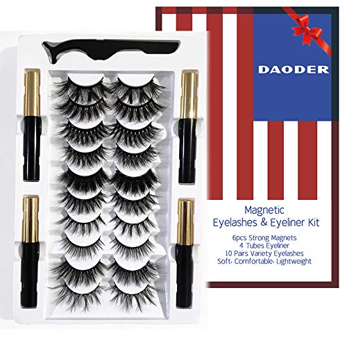 DAODER Magnetic Eyelashes Magnetic Lashes with 4 Tubes Eyeliner Kit 6 Magnets Natural Dramatic Lashes Mixed Wispy Long False Eyelashes Reusable 10 Pairs