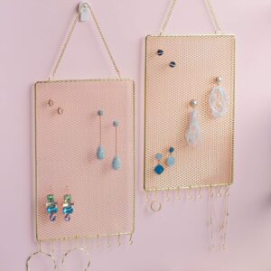 Heesch 2 Pack Earring Holder Wall Mounted Hanging Jewelry Organizer Display Decorative Metal Diamond Shape with Hooks for Necklaces Bracelets (Gold)