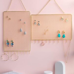 Heesch 2 Pack Earring Holder Wall Mounted Hanging Jewelry Organizer Display Decorative Metal Diamond Shape with Hooks for Necklaces Bracelets (Gold)