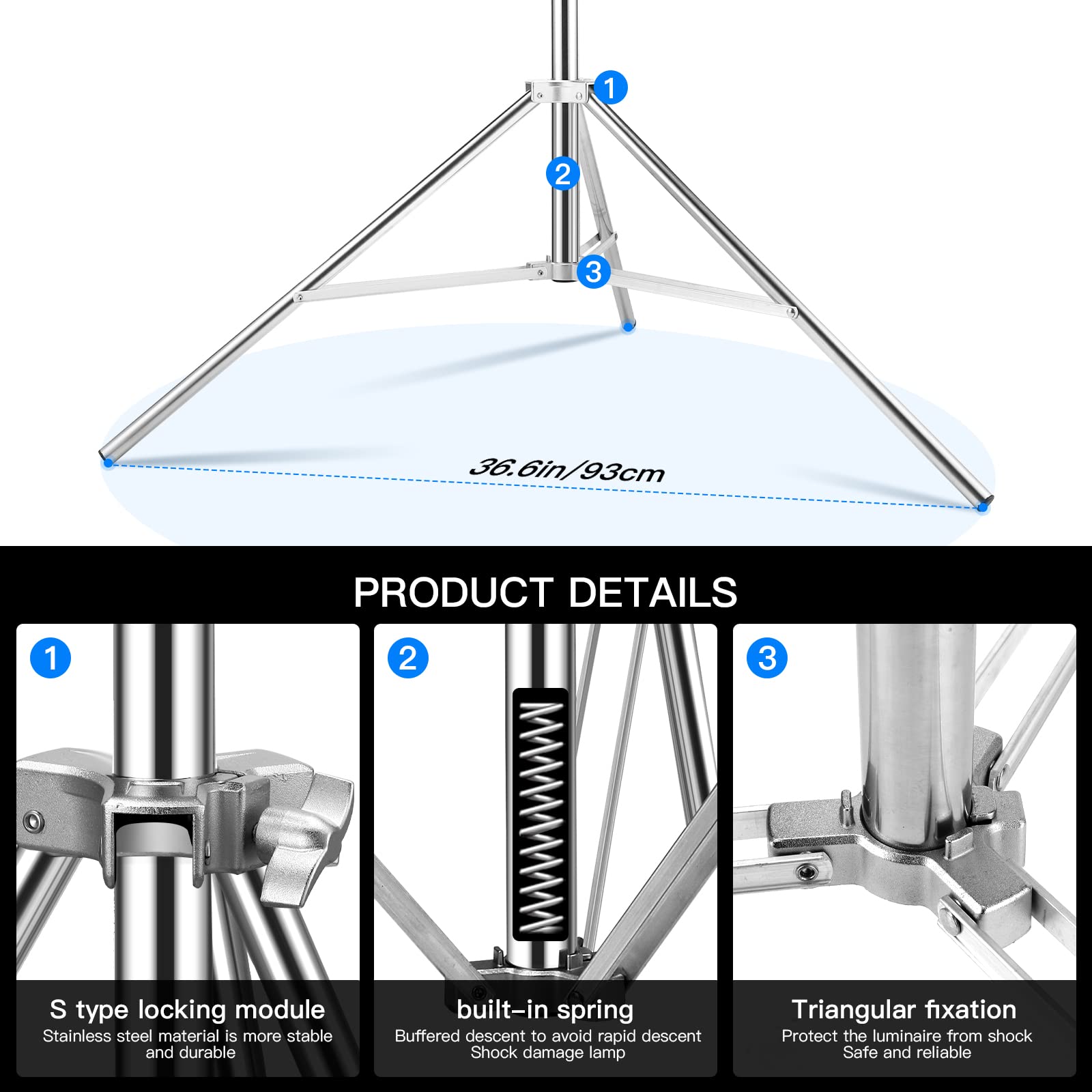 SUPON Stainless Steel Light Stand 110" /2.8m, Spring Cushioned Heavy Duty Tripod Stand with 1/4-inch to 3/8-inch Universal Adapter for Studio Monolight Softbox Reflector Photography Portrait Video