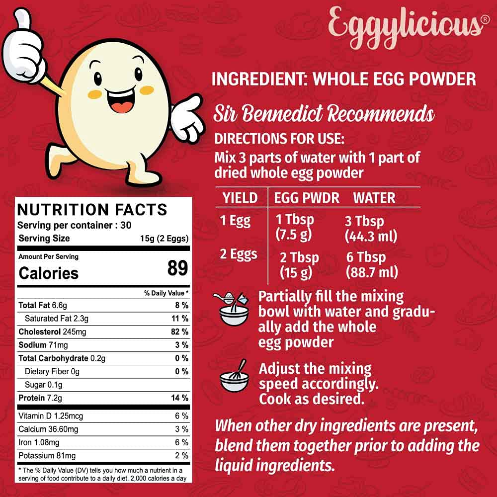 Eggylicious Whole Egg Powder, Dried Natural Protein Powder, Made from Fresh Eggs, White & Yolk mixed, Pasteurized, Non-GMO, No Additives, Used for Baking Icing,1lbs(16oz)