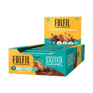 fulfil vitamin and protein bars, chocolate salted caramel, snack sized bar with 15g protein and 8 vitamins including vitamin c, 12 counts