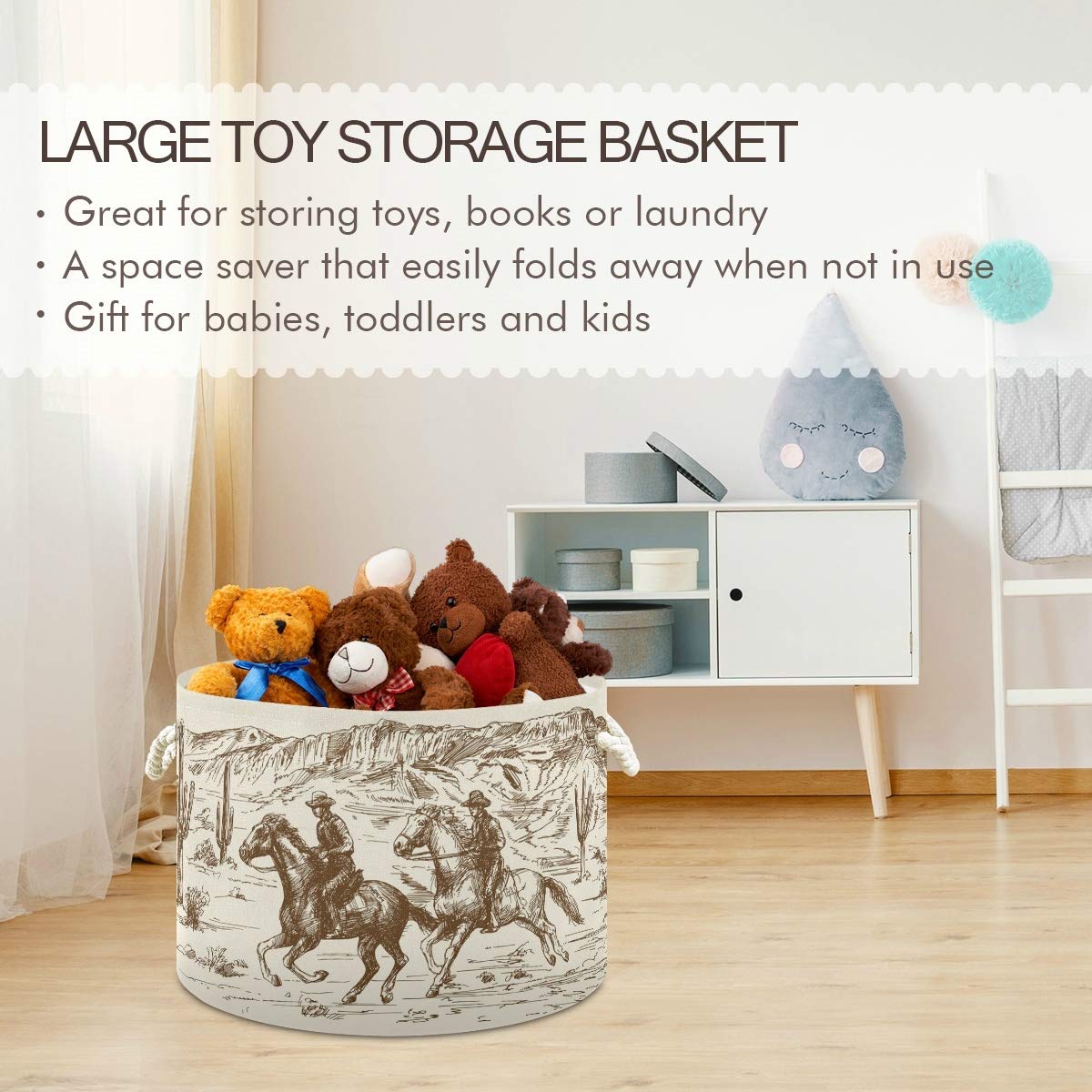 WELLDAY Cotton Rope Basket Portable Western Desert Cowboy Baby Laundry Basket for Blankets Toys Storage Basket