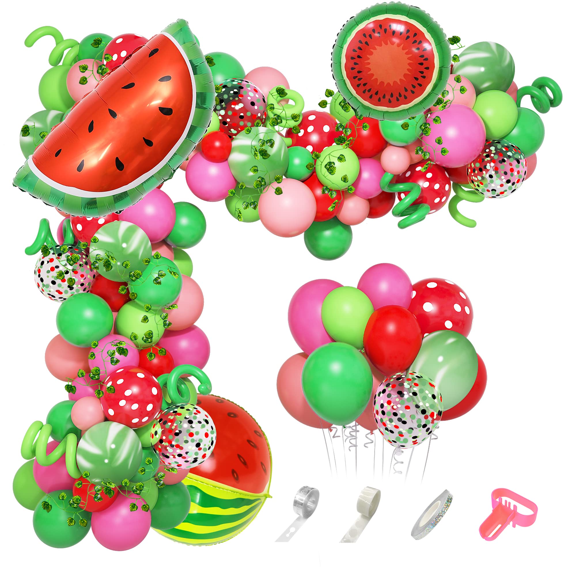 Ouddy Party 140PCS Watermelon Party Decorations Balloon Arch Garland Kit - Red Green Polka Dot Watermelon Balloons Watermelon Vines for Baby Shower Birthday Summer One in a Melon Party Decorations