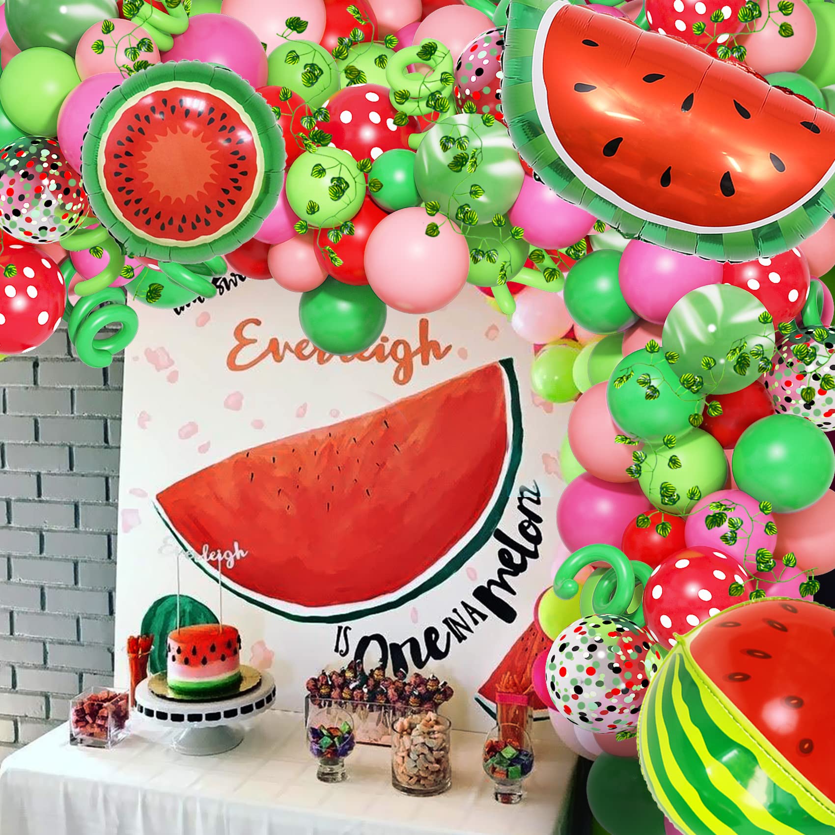 Ouddy Party 140PCS Watermelon Party Decorations Balloon Arch Garland Kit - Red Green Polka Dot Watermelon Balloons Watermelon Vines for Baby Shower Birthday Summer One in a Melon Party Decorations