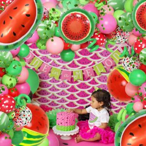 Ouddy Party 140PCS Watermelon Party Decorations Balloon Arch Garland Kit - Red Green Polka Dot Watermelon Balloons Watermelon Vines for Baby Shower Birthday Summer One in a Melon Party Decorations