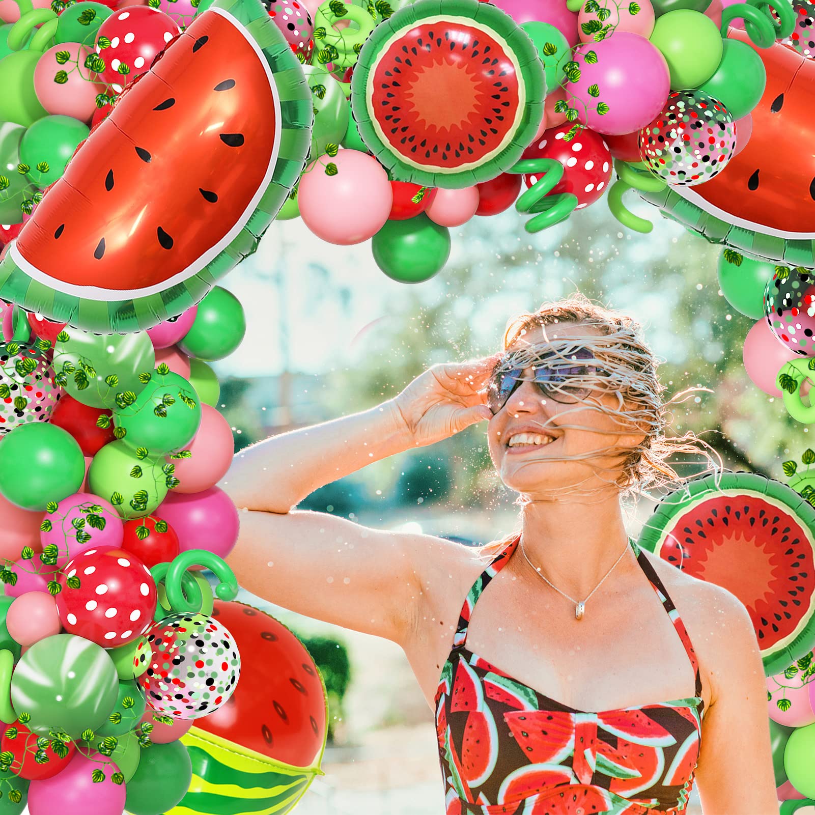 Ouddy Party 140PCS Watermelon Party Decorations Balloon Arch Garland Kit - Red Green Polka Dot Watermelon Balloons Watermelon Vines for Baby Shower Birthday Summer One in a Melon Party Decorations