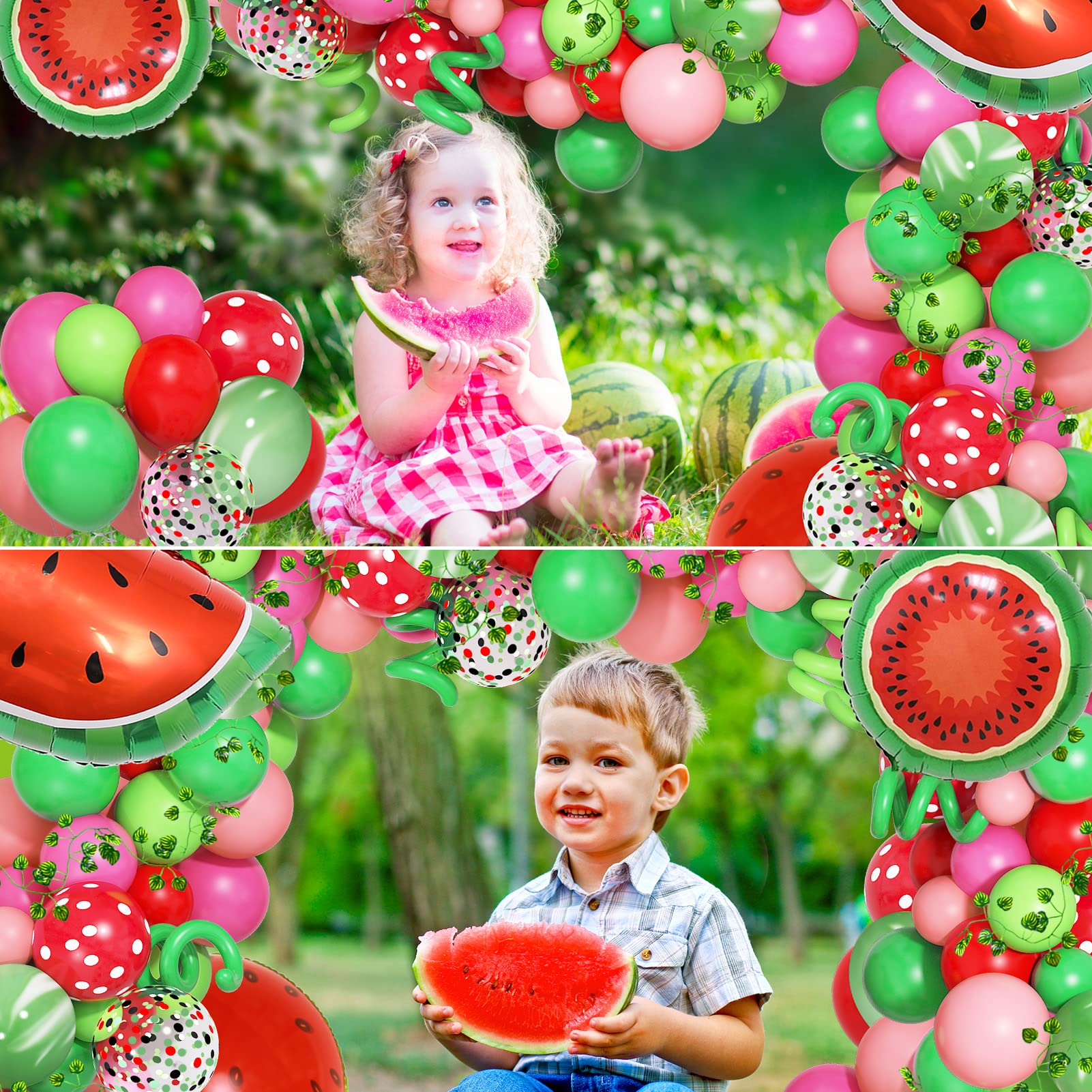 Ouddy Party 140PCS Watermelon Party Decorations Balloon Arch Garland Kit - Red Green Polka Dot Watermelon Balloons Watermelon Vines for Baby Shower Birthday Summer One in a Melon Party Decorations