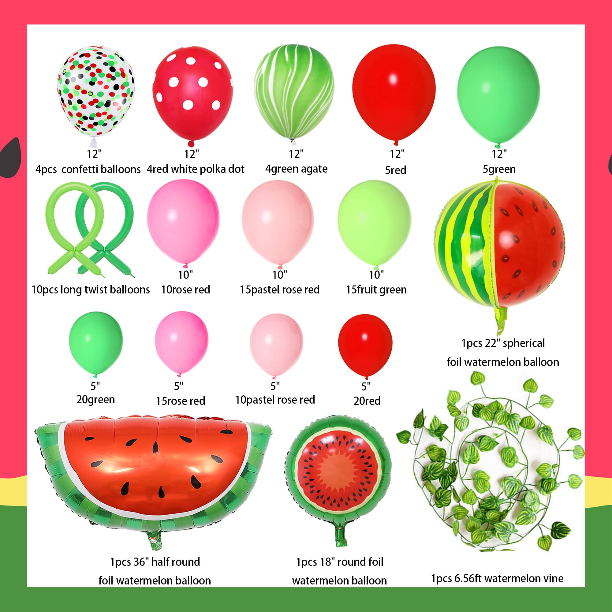 Ouddy Party 140PCS Watermelon Party Decorations Balloon Arch Garland Kit - Red Green Polka Dot Watermelon Balloons Watermelon Vines for Baby Shower Birthday Summer One in a Melon Party Decorations