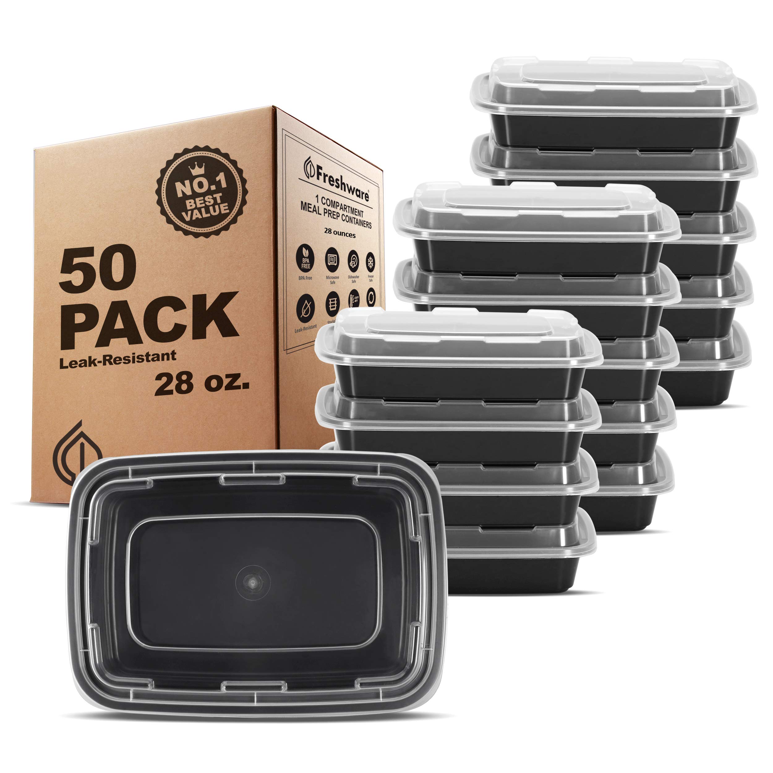 Freshware Meal Prep Containers 1 Compartment Food Storage Containers with Lids, Bento Box, BPA Free, Stackable, Microwave/Dishwasher/Freezer Safe (28 oz), 50 Count (Pack of 1)