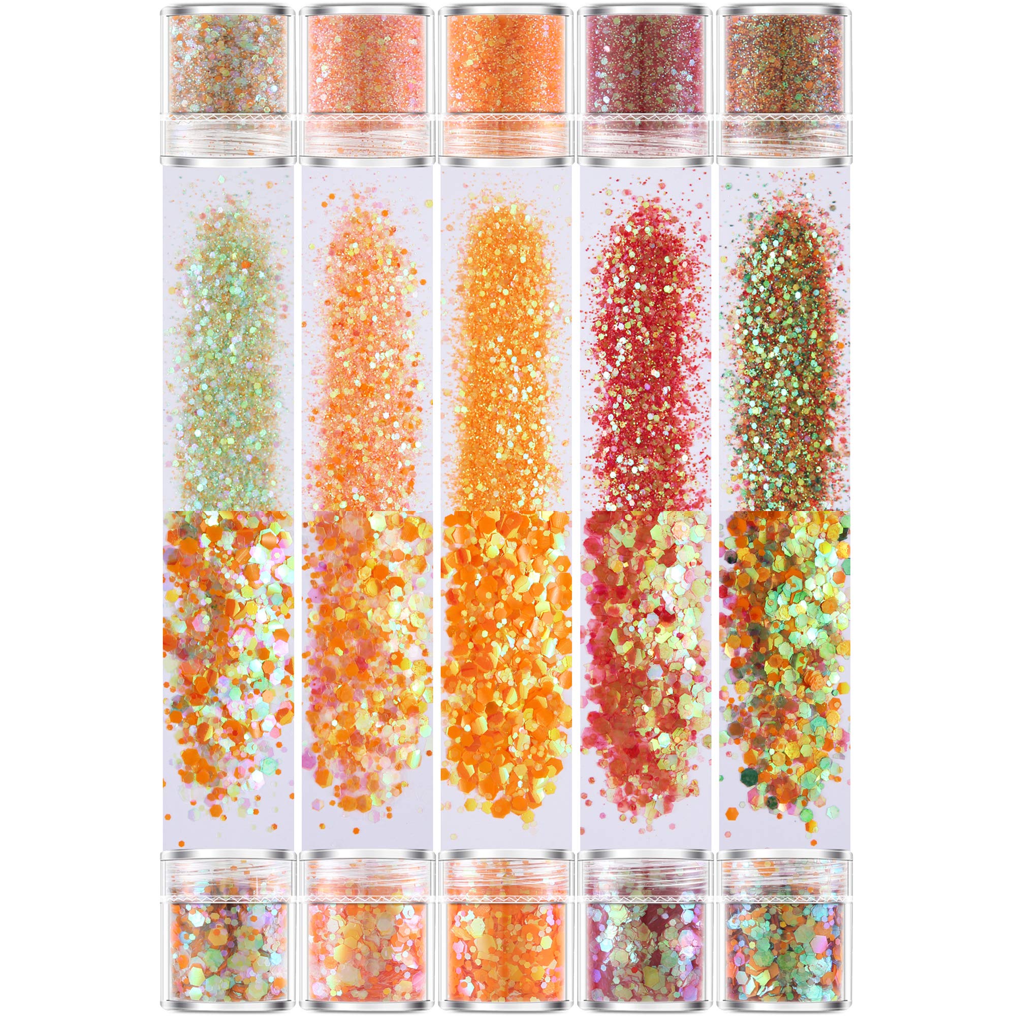 GABOX 10 Jars Sunset Orange Cosmetic Chunky Glitter Set, Holographic Nail Resin Glitter, Fine Powder+1mm+2mm+3mm Sequins Flakes, Iridescent Art Glitter Set for Body Face Eyes Hair Crafts