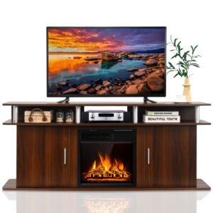 tangkula fireplace tv stand, living room media console table w/1500w electric fireplace for tvs up to 70 inches, modern tv console w/fireplace, remote control & adjustable brightness (cherry)