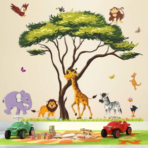 rw-1074 cartoon jungle animal wall decals 3d large green tree wall stickers diy removable giraffe lion elephant grass wall art decor for kids baby bedroom living room nursery playroom home decoration