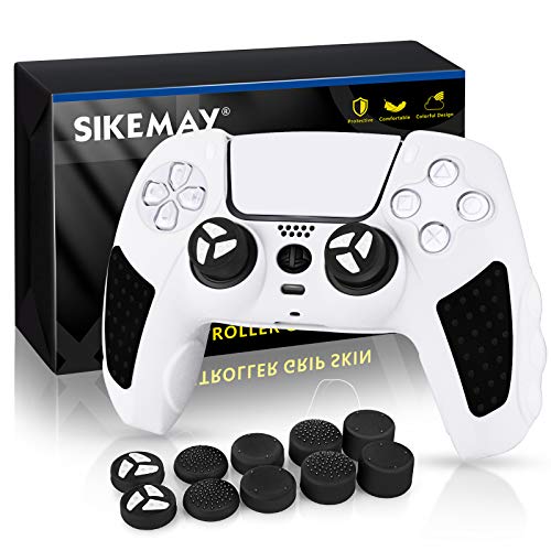 SIKEMAY PS5 Controller Skin, Anti-Slip Thicken Silicone Protective Cover Case Perfectly Compatible with Playstation 5 Dualsense Controller Grip with 10 x Thumb Grip Caps (White-Black)