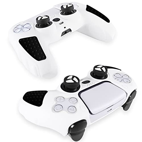 SIKEMAY PS5 Controller Skin, Anti-Slip Thicken Silicone Protective Cover Case Perfectly Compatible with Playstation 5 Dualsense Controller Grip with 10 x Thumb Grip Caps (White-Black)