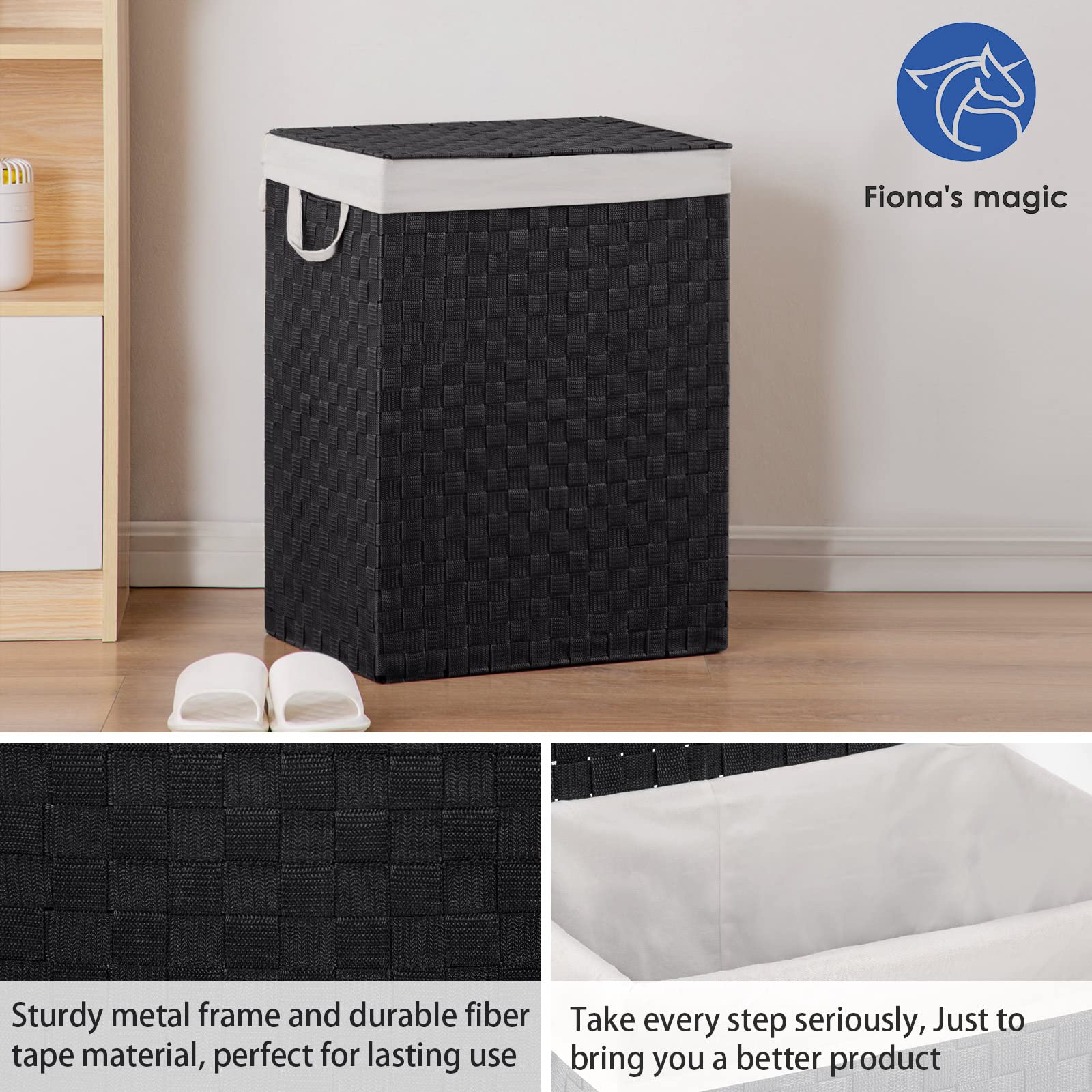 Fiona's magic 80L Large Laundry Hamper with Lid, Collapsible Laundry Basket with Rope Handles, Dirty Clothes Hamper for Bedroom, Living Room, Clothes Storage Basket 16.5"L×12.2"W×24"H, Black