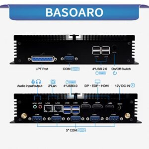 BASOARO Mini Industrial Fanless Desktop PC, Tiny Desktop Computer i7 8550U, 64G RAM 512G SSD 1TB HDD, Mini PC Dual RJ45 LAN, DP/EDP/HD, LPT, 6 RS232 COM, WiFi, BT, Windows 11 Pro/Linux