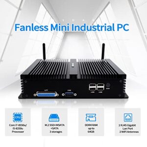 BASOARO Mini Industrial Fanless Desktop PC, Tiny Desktop Computer i7 8550U, 64G RAM 512G SSD 1TB HDD, Mini PC Dual RJ45 LAN, DP/EDP/HD, LPT, 6 RS232 COM, WiFi, BT, Windows 11 Pro/Linux