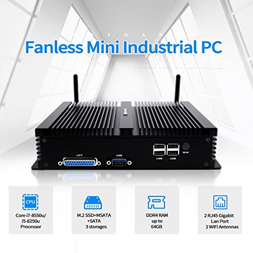 BASOARO Mini Industrial Fanless Desktop PC, Tiny Desktop Computer i7 8550U, 64G RAM 512G SSD 1TB HDD, Mini PC Dual RJ45 LAN, DP/EDP/HD, LPT, 6 RS232 COM, WiFi, BT, Windows 11 Pro/Linux