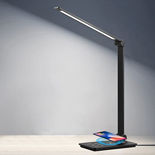 LED Desk Lamp with Wireless Charger, Desk Lamp for college dorm room with 5 Color Modes & Fully Dimming Function, Eye Caring Table Lamps for Study, Office Lamp with Adjustable Arm, Auto Timer 30/60min