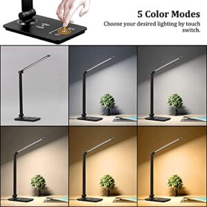 LED Desk Lamp with Wireless Charger, Desk Lamp for college dorm room with 5 Color Modes & Fully Dimming Function, Eye Caring Table Lamps for Study, Office Lamp with Adjustable Arm, Auto Timer 30/60min