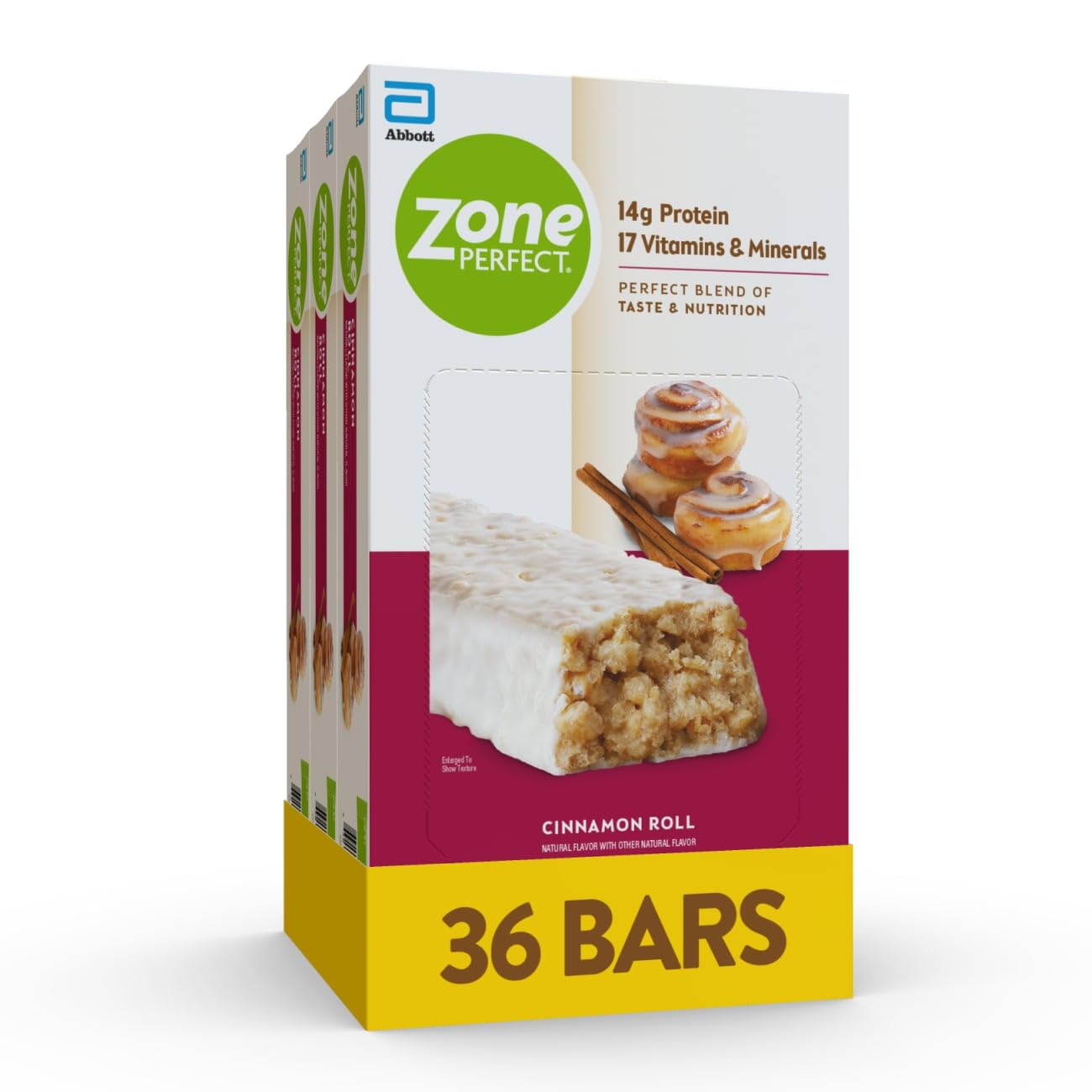 ZonePerfect Protein Bars, 14g Protein, 17 Vitamins & Minerals, Protein Snack, Cinnamon Roll, 12 Count (Pack of 3), 36 Bars