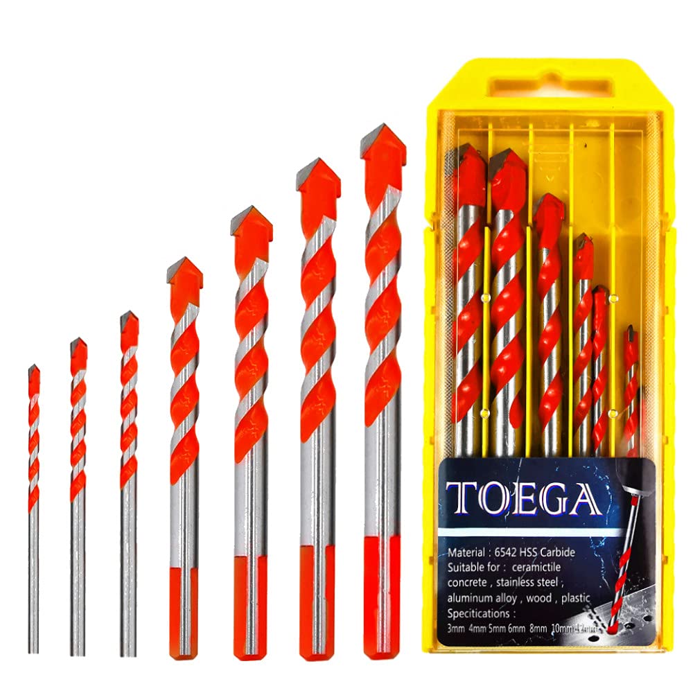 TOEGA 7Pcs Ultimate Drill bits，Concrete Drill bit, Masonry bit bit with Tungsten Carbide Drill bit, Drilling and Punching Work kit for Ceramic Tile, Concrete, Brick, Glass, Plastic and Wood (Orange)