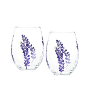 hand painted lavender flower wine glasses, brushes with a view set of 2 artisan made floral drinking glasses set, perfect mother’s day, bridal shower, christmas & easter gift, 15 oz