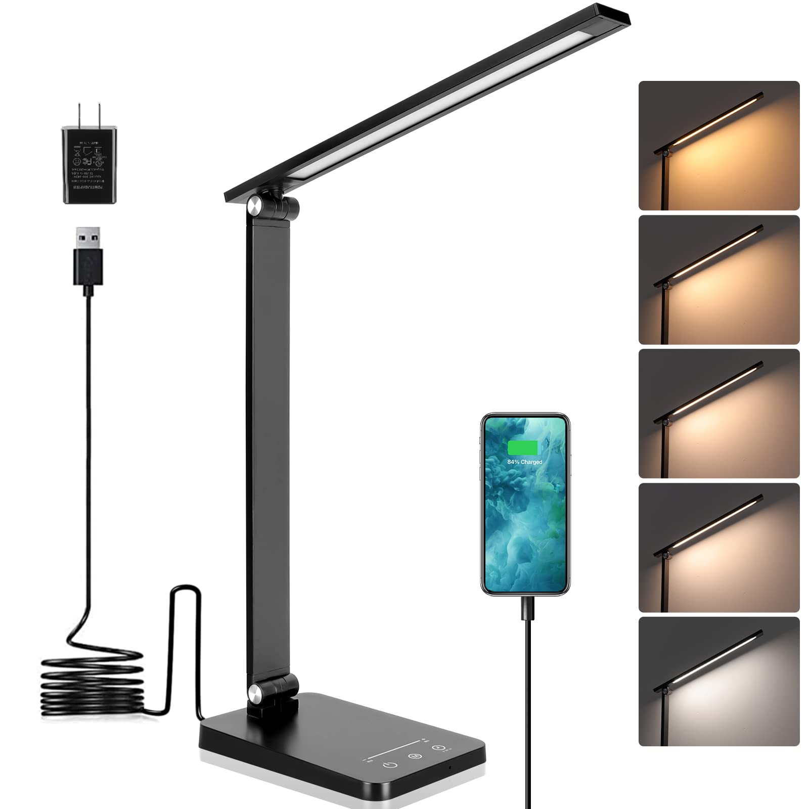 Desk Lamp, LED Desk Lamp, Desk Lamp for Home Office, 5 Color Modes Dimmable Desk Light, Desk Lamp with USB Charging Port, Office Lamp, Small Desk Lamps, Study Lamp, Reading Light, Table Lamp, Black