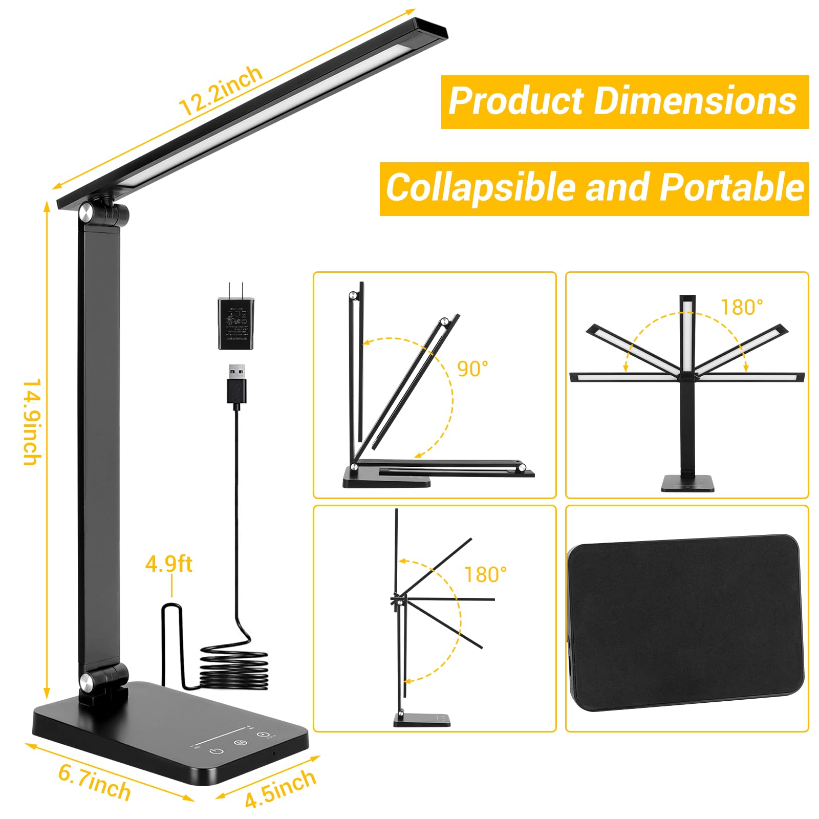 Desk Lamp, LED Desk Lamp, Desk Lamp for Home Office, 5 Color Modes Dimmable Desk Light, Desk Lamp with USB Charging Port, Office Lamp, Small Desk Lamps, Study Lamp, Reading Light, Table Lamp, Black