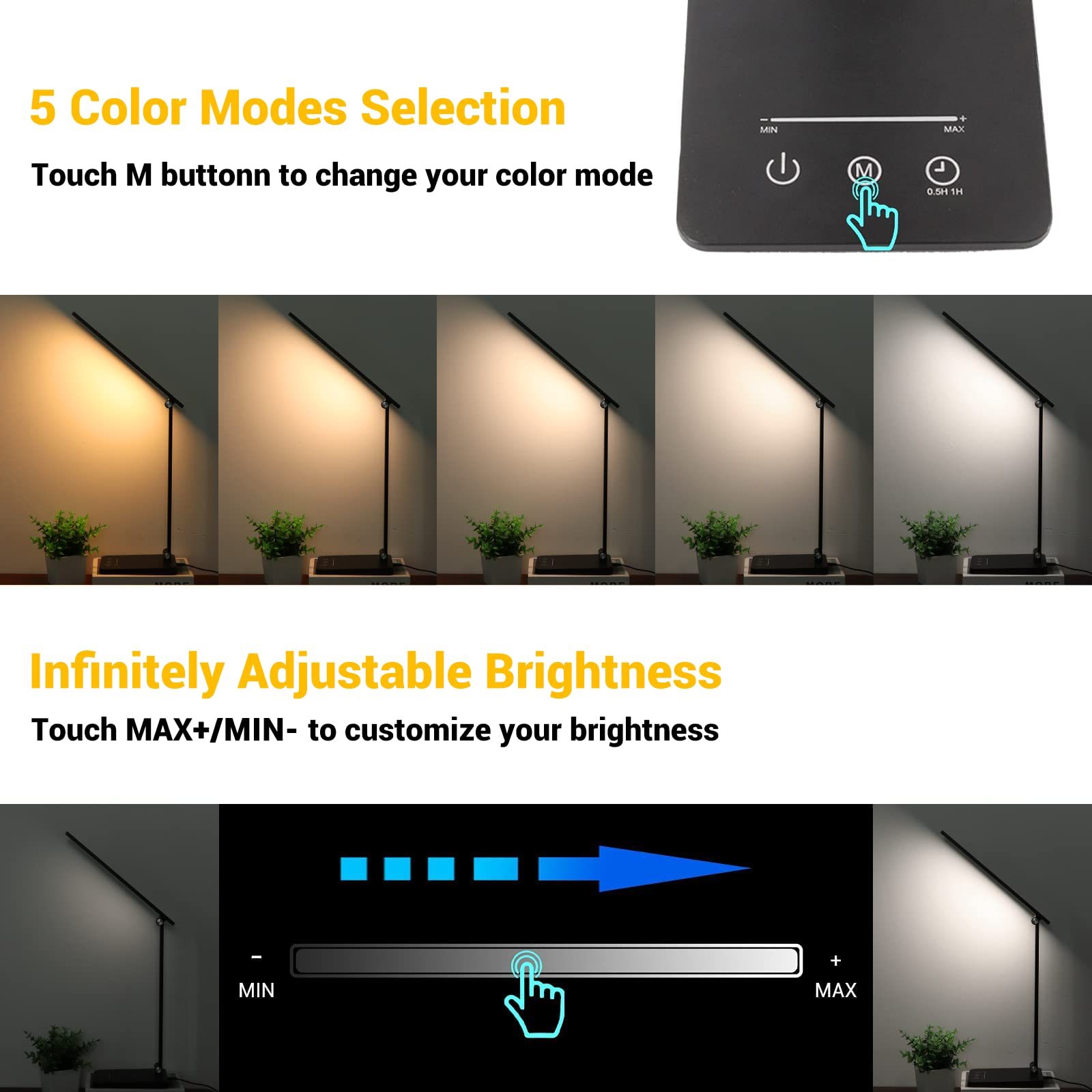 Desk Lamp, LED Desk Lamp, Desk Lamp for Home Office, 5 Color Modes Dimmable Desk Light, Desk Lamp with USB Charging Port, Office Lamp, Small Desk Lamps, Study Lamp, Reading Light, Table Lamp, Black