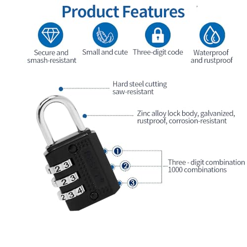 RESET-071 3 Digit Small Combination Lock Tiny Padlock for Mini Locker Box Luggage Suitcase Backpack Black