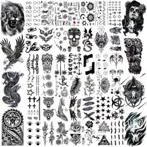 vantaty 50 sheets black temporary tattoos for men adults ealge dragon lion wolf animals for women neck arm thigh, fake small skull tattoo sticker for kids children boys girls tatoos