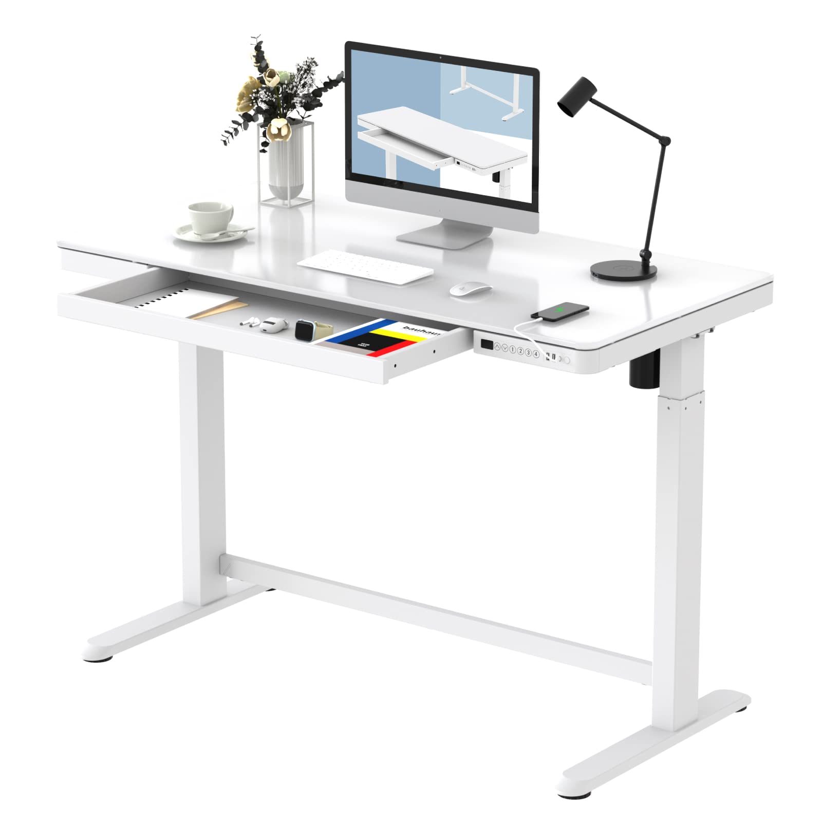 FLEXISPOT Electric Glass Standing Desk with Drawer Desktop & Adjustable Frame Quick Install w/USB Charge Ports, Child Lock (White, Glass)