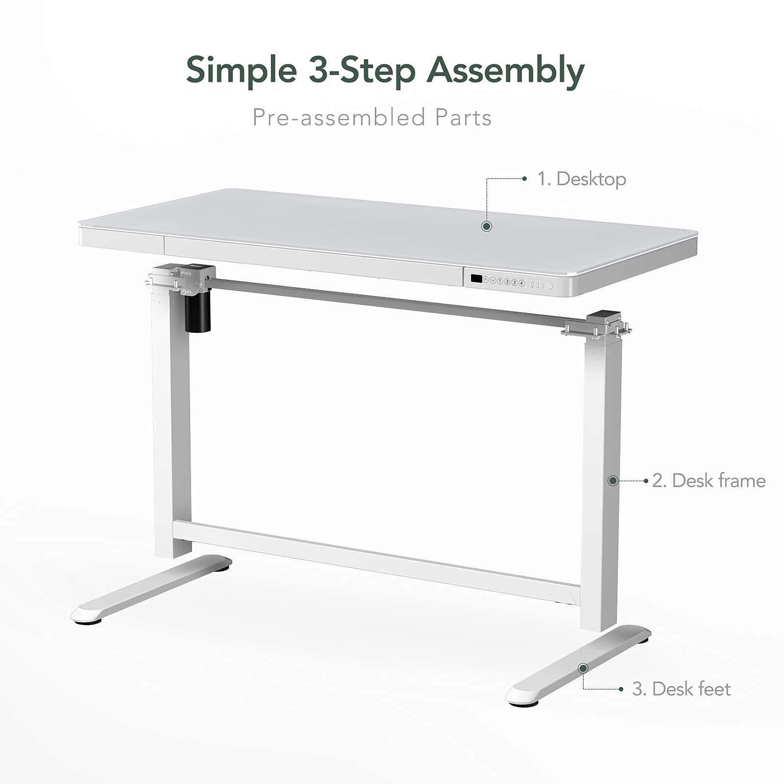 FLEXISPOT Electric Glass Standing Desk with Drawer Desktop & Adjustable Frame Quick Install w/USB Charge Ports, Child Lock (White, Glass)