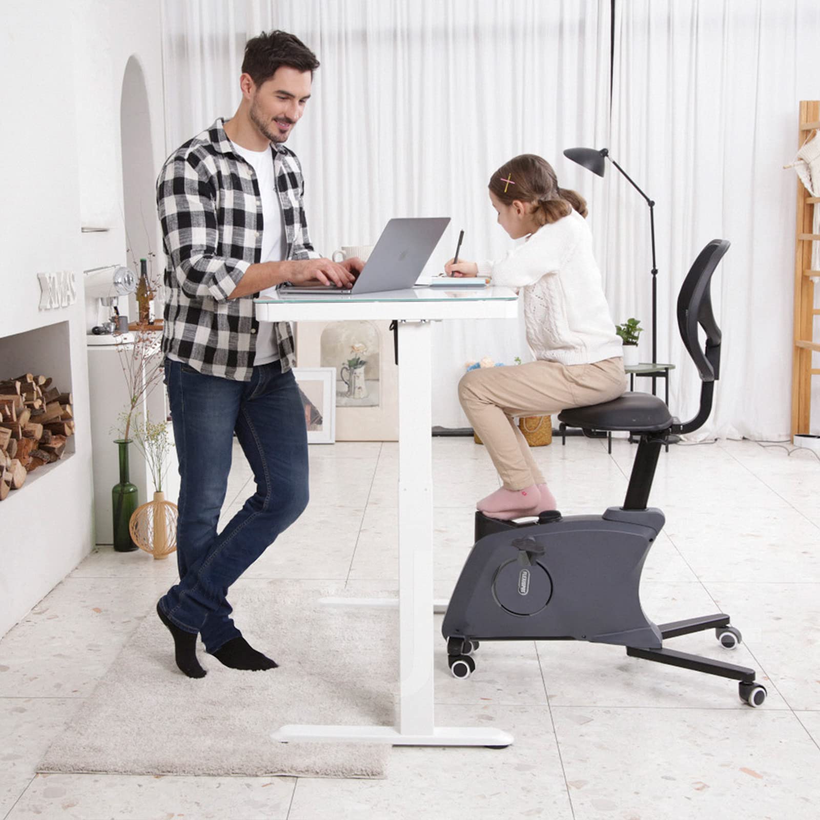 FLEXISPOT Electric Glass Standing Desk with Drawer Desktop & Adjustable Frame Quick Install w/USB Charge Ports, Child Lock (White, Glass)