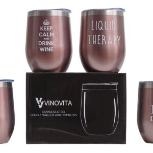 VINOVITA Funny Wine Glasses (Set of 4) with Straws and Brushes – Double-Wall Insulated Stainless Steel Tumbler – Great Gift for Birthday, Mother’s Day, Anniversary – 12 oz